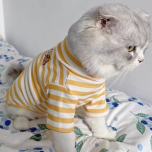 Cute Doggie Embroidery Dog Shirts Pet Cotton Striped T-Shirt Breathable Stretchy Dog Sweater Turtleneck Knitted Puppy Pullover for Cats Small Dogs (Small, Yellow Striped)