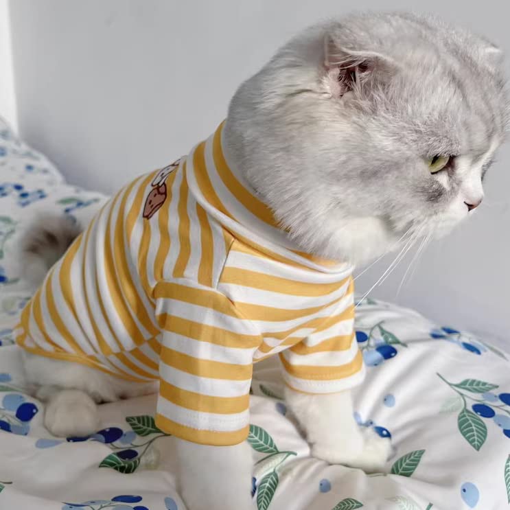 Cute Doggie Embroidery Dog Shirts Pet Cotton Striped T-Shirt Breathable Stretchy Dog Sweater Turtleneck Knitted Puppy Pullover for Cats Small Dogs (Small, Yellow Striped)