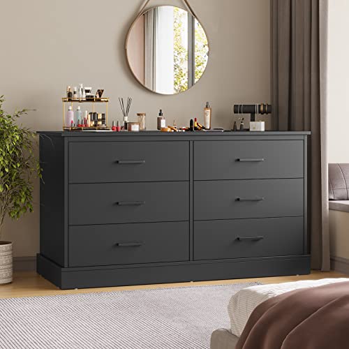 Hasuit 6 Drawer Double Dresser, Wood Storage Tower Clothes Organizer, Wide Chest of 6 Drawers, Large Storage Cabinet, Black Dresser for Bedroom, Hallway, Entryway