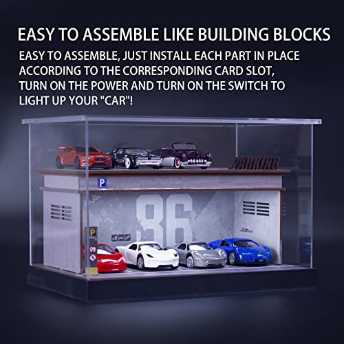 SIKIVOT 1/64 Scale Hot Wheels Display Case ，Parking Lot Model Car，Die-cast Car Garage Display Case， Hot Wheels Parking Garag，8 Parking Space with LED Light and Acrylic Cover (7641Number 86)