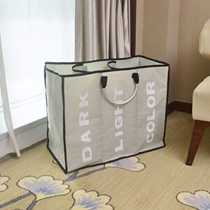 3 Sections Laundry Basket Foldable Bag Bin Organizer Large Dirty Clothes Hamper, Light Gray