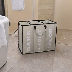 3 Sections Laundry Basket Foldable Bag Bin Organizer Large Dirty Clothes Hamper, Light Gray