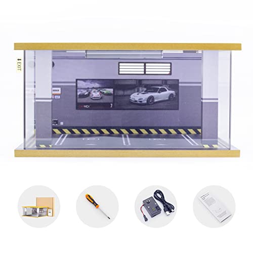 Sikivot 1/24 Scale Car Display Case,Car Model Toy with Parking Lot Scene, Die-cast Car Garage Display Case,2 Parking Space Acrylic Toy Garage with LED Light