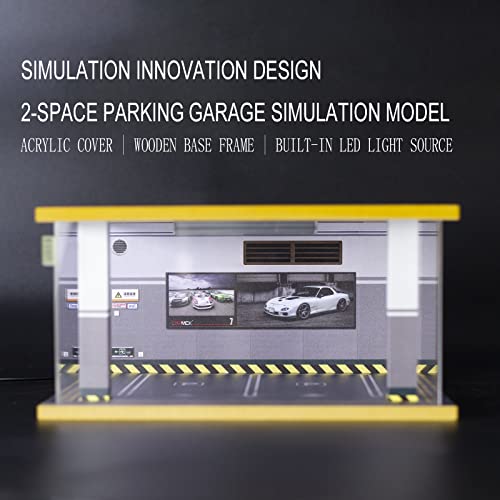 Sikivot 1/24 Scale Car Display Case,Car Model Toy with Parking Lot Scene, Die-cast Car Garage Display Case,2 Parking Space Acrylic Toy Garage with LED Light