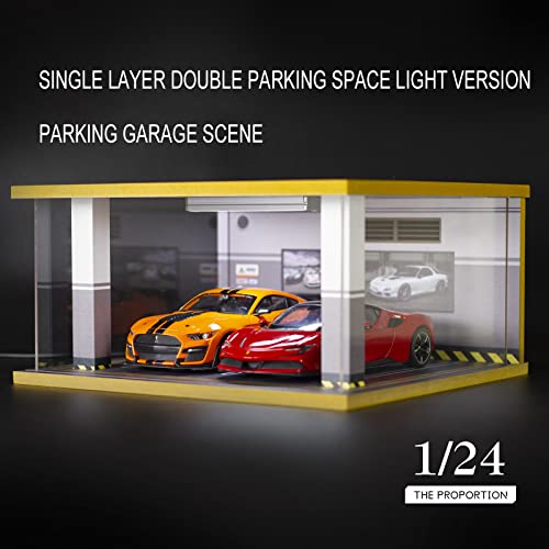 Sikivot 1/24 Scale Car Display Case,Car Model Toy with Parking Lot Scene, Die-cast Car Garage Display Case,2 Parking Space Acrylic Toy Garage with LED Light