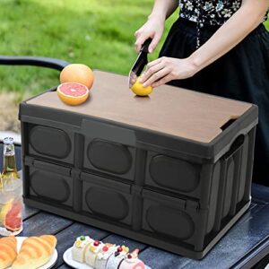 Folding Storage Box, Storage Box Removable 30L Portable Safe Thicken Multifunctional with Wooden Panel for Outdoor(Black)