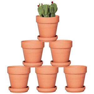 4 inch terracotta pots with saucer - 6 pack small clay plant pots with drainage holes, flower pots with tray, terra cotta pots for indoor outdoor plants, crafts, wedding favor