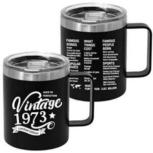 vintage 1973 stainless steel insulated coffee mug with handle, 50th birthday stainless steel travel coffee cup with lid gifts for women men, 50th birthday spill proof reusable thermos coffee mug 12oz