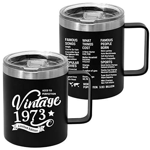 Vintage 1973 Stainless Steel Insulated Coffee Mug with Handle, 50th Birthday Stainless Steel Travel Coffee Cup with Lid Gifts for Women Men, 50th Birthday Spill Proof Reusable Thermos Coffee Mug 12oz