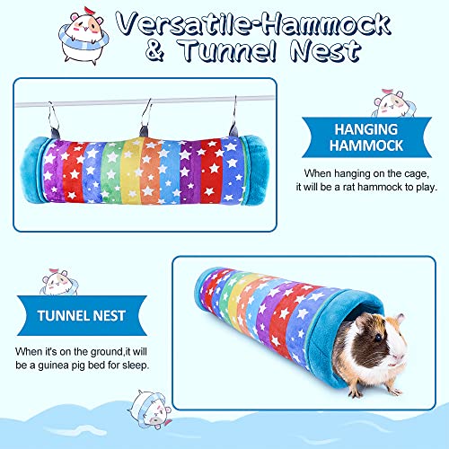 HOMEYA Guinea Pig Tunnel Kit,Pet Hideout Play Tube Hideaway Bedding+Small Animal Hammock&Cozy Bed Nest,Funny Toys and Cage Accessories for Ferret Rat Hamster Squirrel Chinchilla Sugar Glider-Rainbow