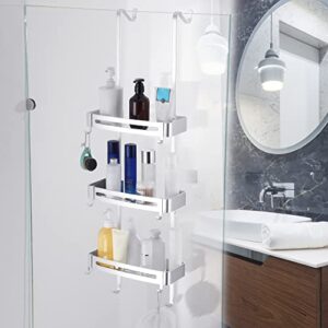 MOGFCT Bathroom Shower Caddy Over The Door Hanging Shower Organizer Storage Aluminum Shower Shelf Rust Proof Bathroom Shelves Basket Rack with Hook Rust Free (Black)