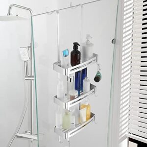 MOGFCT Bathroom Shower Caddy Over The Door Hanging Shower Organizer Storage Aluminum Shower Shelf Rust Proof Bathroom Shelves Basket Rack with Hook Rust Free (Black)