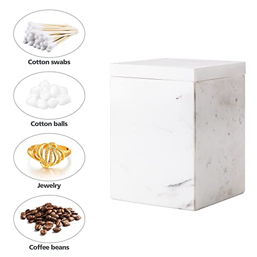 WORHE 100% Natural Marble Cotton Swab Ball Holder with Lid White Marble Canister for Qtips Jewelry Necklace Ring Earring Coffee Bean Canister Storage jar Gift Case (DLW201)