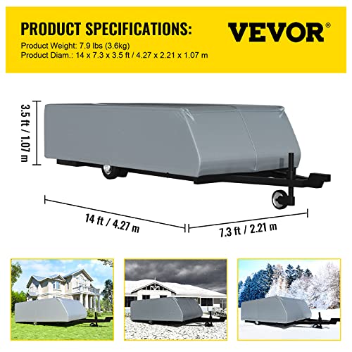 VEVOR Pop Up Camper Cover, Fit for 12'-14' Trailers, Ripstop 4-Layer Non-Woven Fabric Folding Trailer Covers, UV Resistant Waterproof RV Storage Cover w/ 3 Wind-Proof Ropes and 1 Storage Bag, Gray