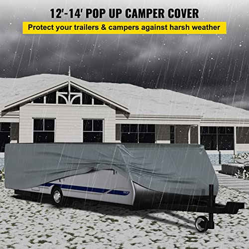 VEVOR Pop Up Camper Cover, Fit for 12'-14' Trailers, Ripstop 4-Layer Non-Woven Fabric Folding Trailer Covers, UV Resistant Waterproof RV Storage Cover w/ 3 Wind-Proof Ropes and 1 Storage Bag, Gray