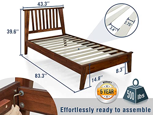 Acacia Kaylin Bed Frame with Headboard Solid Wood Platform Bed, Scandinavian Signature 45 inch High Headboard Wood Bed Compatible with All Mattress Types, 30 Mins Assembly, Twin Bed Frame, Caramel