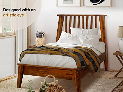 Acacia Kaylin Bed Frame with Headboard Solid Wood Platform Bed, Scandinavian Signature 45 inch High Headboard Wood Bed Compatible with All Mattress Types, 30 Mins Assembly, Twin Bed Frame, Caramel