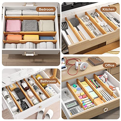 FILWH Bamboo Drawer Dividers Perfect Expandable Wooden Drawer Dividers for Kitchen Spring Loaded Adjustable Drawer Separators (2.4" High, 16.5"-22") for Bathroom Bedroom Dresser Office(4L Pack)