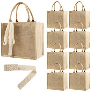 hevmeveni 8 large burlap tote bags bulk, reusable jute tote bag with 10yd ribbon blank burlap gift bag with handle waterproof beach tote bag for shopping bridesmaid gift bag 12.2''x10.6''x6.3''