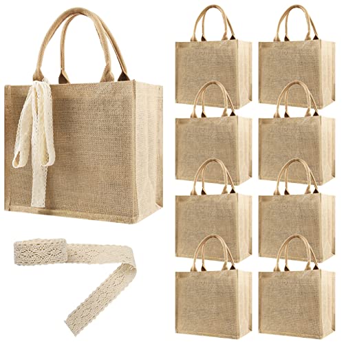 HEVMEVENI 8 Large Burlap Tote Bags Bulk, Reusable Jute Tote Bag with 10Yd Ribbon Blank Burlap Gift Bag with Handle Waterproof Beach Tote Bag for Shopping Bridesmaid Gift Bag 12.2''x10.6''x6.3''