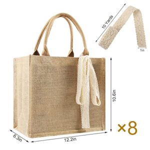 HEVMEVENI 8 Large Burlap Tote Bags Bulk, Reusable Jute Tote Bag with 10Yd Ribbon Blank Burlap Gift Bag with Handle Waterproof Beach Tote Bag for Shopping Bridesmaid Gift Bag 12.2''x10.6''x6.3''