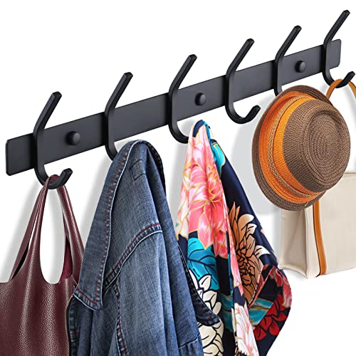 Piyl Coat Rack Wall Mount 17 '' Heavy Duty StainlessSteel, Coat Hook for Hanging Coats ,Metal Hooks Rack With 6 Double Hooks Coat Hanger Wall Mounted for Coat Hat Robe Clothes Bathroom Entryway ,Black