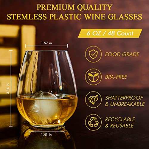 FOCUSLINE 48 Pack Plastic Wine Glasses Stemless, 6 Oz Mini Crystal Clear Plastic Shot Glass Small Disposable Cups for Whiskey and Liqueurs, Ideal for Halloween, Thanksgiving, Christmas