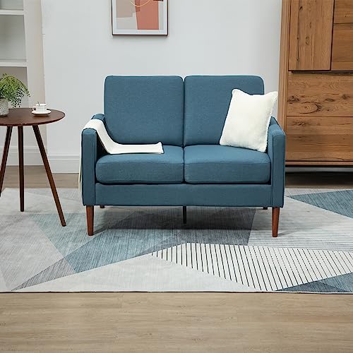 X-VOLSPORT Modern Living Room Loveseat Sofa Couches, Upholstered Linen Fabric Love Seat Armchair Couch with Wide Wooden Legs for Living Room and Office, Blue