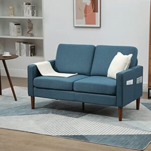 X-VOLSPORT Modern Living Room Loveseat Sofa Couches, Upholstered Linen Fabric Love Seat Armchair Couch with Wide Wooden Legs for Living Room and Office, Blue