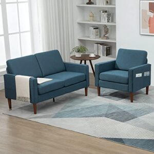 X-VOLSPORT Modern Living Room Loveseat Sofa Couches, Upholstered Linen Fabric Love Seat Armchair Couch with Wide Wooden Legs for Living Room and Office, Blue