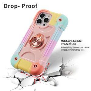 Cookiver iPhone 13 Pro Max 6.7" Case: Ring Stand, 2 Glass Screen Protectors, Camera Lens Protector - Heavy-Duty & Shockproof (Rainbow Pink)