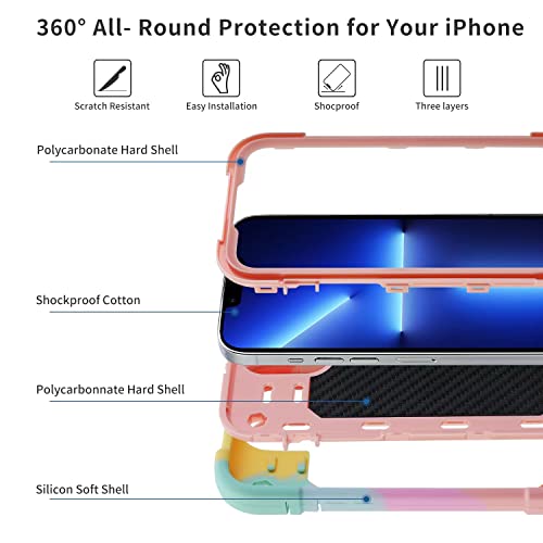 Cookiver iPhone 13 Pro Max 6.7" Case: Ring Stand, 2 Glass Screen Protectors, Camera Lens Protector - Heavy-Duty & Shockproof (Rainbow Pink)