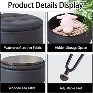 Cpintltr Faux Leather Storage Ottoman Round Footrest Stool Multifunctional Upholstered Ottoman with Metal Legs Modern Vanity Stools Tray Top Coffee Table Suitable for Living Room Bedroom Black