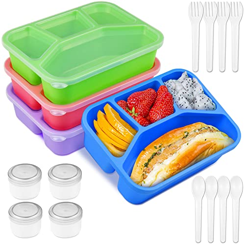 4 Pack Bento Lunch Box, 4-Compartment Meal Prep Containers, Reusable Leakproof Lunch Box Set with Salad Dressing Cups & Tableware, Microwave Safe Food Storage Containers for Work, Travel, Picnic