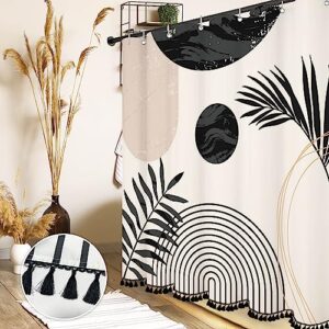 giumsi 72"x72" boho mid century black and white shower curtain sets with tassel pendants arch sun modern minimalistic leaves bathroom curtains waterproof durable ployester 12 hooks home decorations