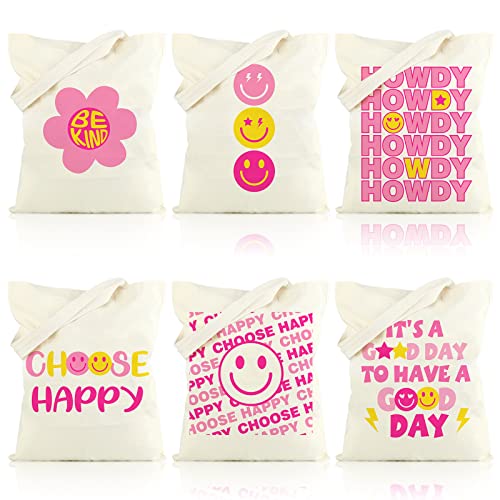 6 Pieces Preppy Tote Bags Cute Tote Bags Aesthetic Bag Pink Happy Face Canvas Tote Bag for Women Reusable Inspirational Gifts for Women Beach Bags Grocery Bags