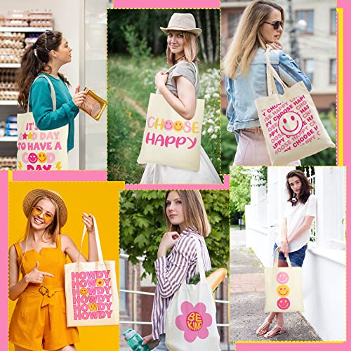 6 Pieces Preppy Tote Bags Cute Tote Bags Aesthetic Bag Pink Happy Face Canvas Tote Bag for Women Reusable Inspirational Gifts for Women Beach Bags Grocery Bags