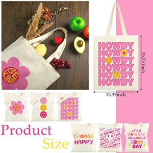 6 Pieces Preppy Tote Bags Cute Tote Bags Aesthetic Bag Pink Happy Face Canvas Tote Bag for Women Reusable Inspirational Gifts for Women Beach Bags Grocery Bags