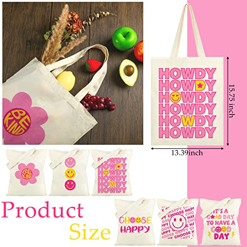 6 Pieces Preppy Tote Bags Cute Tote Bags Aesthetic Bag Pink Happy Face Canvas Tote Bag for Women Reusable Inspirational Gifts for Women Beach Bags Grocery Bags