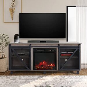 enstver 58 inch tv stand console w/sliding barn door for tvs up to 65",with fireplace and remote control,grey(log set)