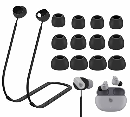 Strap Ear Tips Kit Compatible with Beats Studio Buds, Anti-Lost Soft Silicone Lanyard Neck Rope Cord Leash Replacement Gel Eartips Earbuds Skin Accessories for Studio Buds - Black