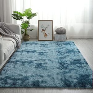 urbest area rugs super soft rustic plush fuzzy shag tie-dye rug for living room kids bedroom pet friendly dark blue 3x5.3 feet