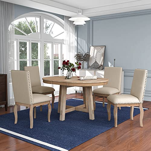 Merax Dining Table Set, 5-Piece Farmhouse Dining Table and Chairs Set, Wood Round Extendable Dining Table and 4 Upholstered Dining Chairs, for Dining Room, Natural Wood Wash