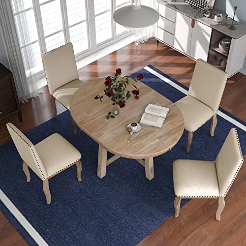 Merax Dining Table Set, 5-Piece Farmhouse Dining Table and Chairs Set, Wood Round Extendable Dining Table and 4 Upholstered Dining Chairs, for Dining Room, Natural Wood Wash