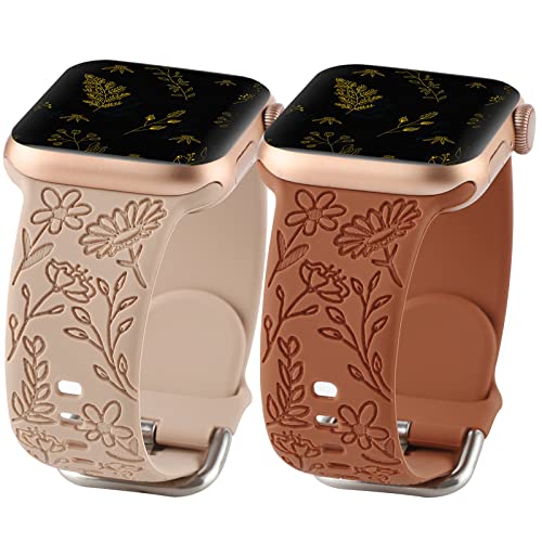 2 Pack Flower Engraved Sport Strap Compatible with Apple Watch Bands 38mm 40mm 41mm, Women Floral Laser Soft Silicone Wristband Replacement iWatch Series 8 7 6 5 4 3 2 1 SE (Walnut Brown Brown, 38/40/41mm)