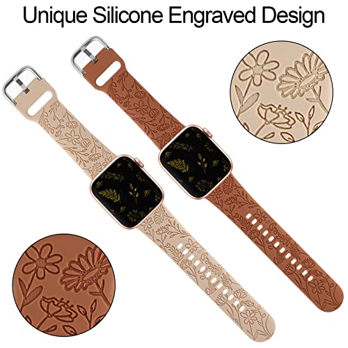 2 Pack Flower Engraved Sport Strap Compatible with Apple Watch Bands 38mm 40mm 41mm, Women Floral Laser Soft Silicone Wristband Replacement iWatch Series 8 7 6 5 4 3 2 1 SE (Walnut Brown Brown, 38/40/41mm)