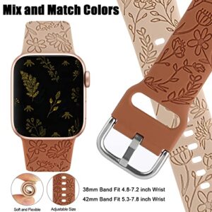 2 Pack Flower Engraved Sport Strap Compatible with Apple Watch Bands 38mm 40mm 41mm, Women Floral Laser Soft Silicone Wristband Replacement iWatch Series 8 7 6 5 4 3 2 1 SE (Walnut Brown Brown, 38/40/41mm)