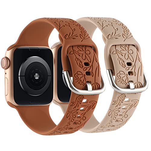 2 Pack Flower Engraved Sport Strap Compatible with Apple Watch Bands 38mm 40mm 41mm, Women Floral Laser Soft Silicone Wristband Replacement iWatch Series 8 7 6 5 4 3 2 1 SE (Walnut Brown Brown, 38/40/41mm)