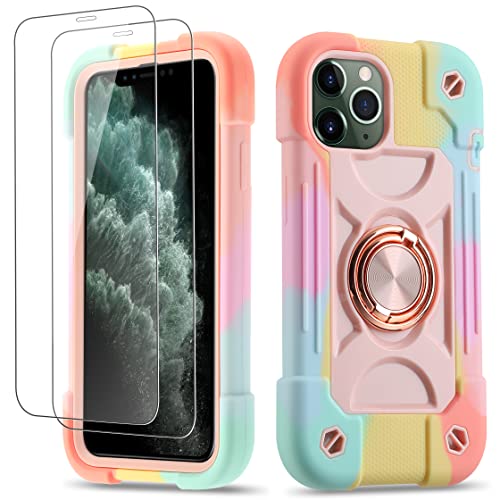 Cookiver for iPhone 11 Pro Max Case 6.5 Inch, with 2 Pack Glass Screen Protector,Heavy-Duty Shockproof Rugged Military Grade Cover with Magnetic Car Mount for iPhone 11 Pro Max (Rainbow Pink)