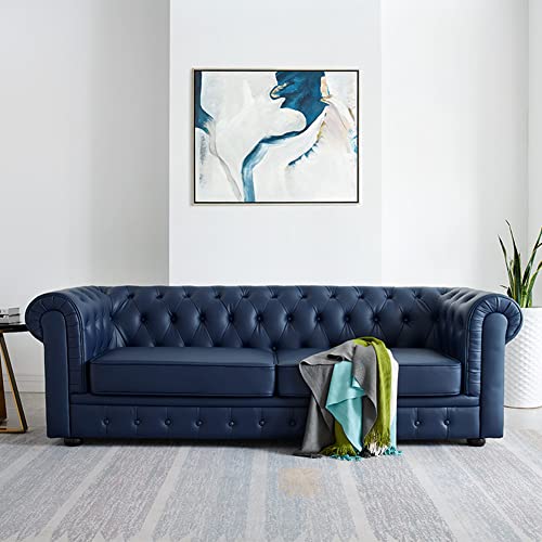 Modern Classic Sofa BIGMAII Blue Faux Leather Upholstered Chesterfield 3 Seater Couch Rolled Arm Loveseat for Living Room - 75" L